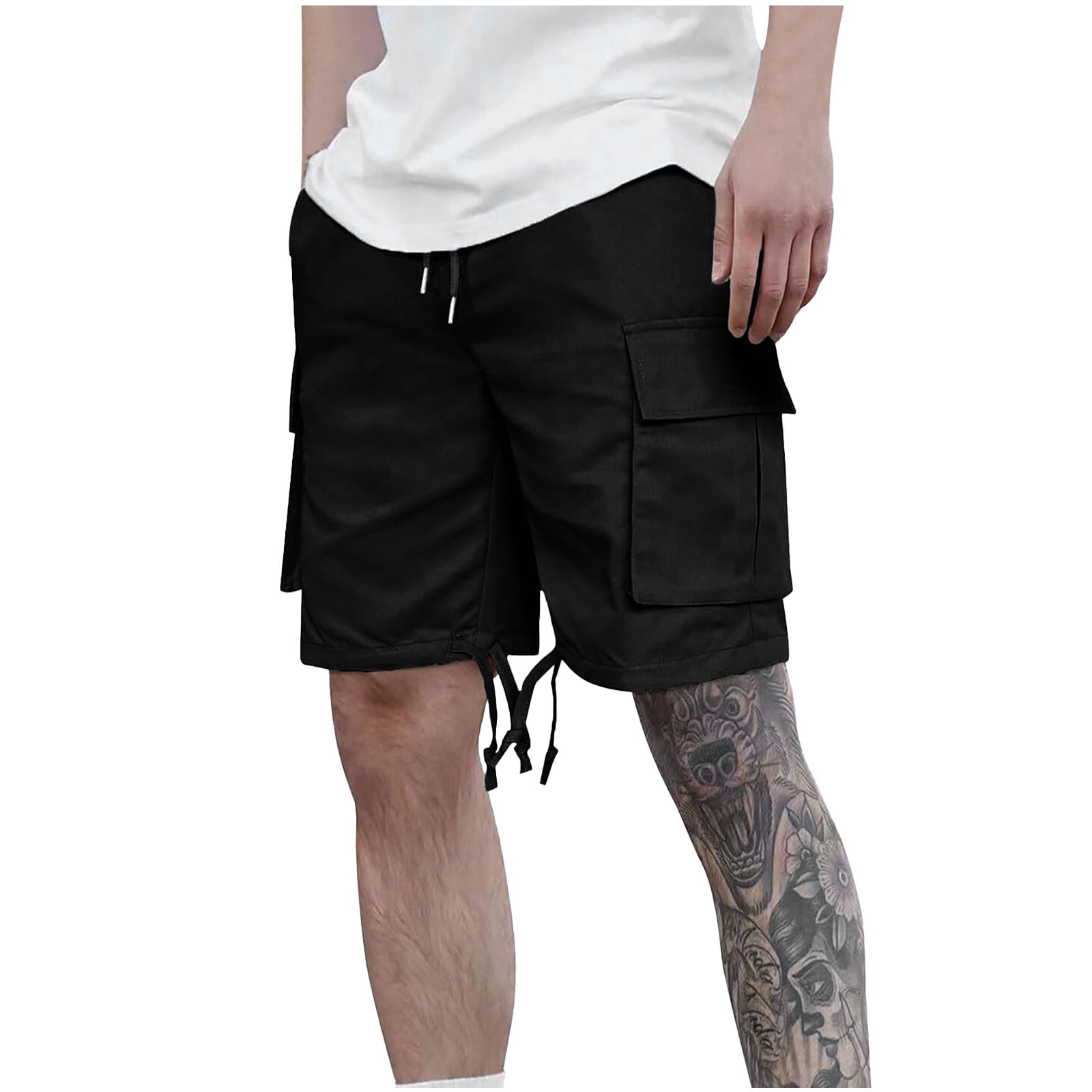 Black Man Pants Loose Fit Pants Shorts for Man Cargo Pleated Paperbag Straight Leg Elastic Waist ...
