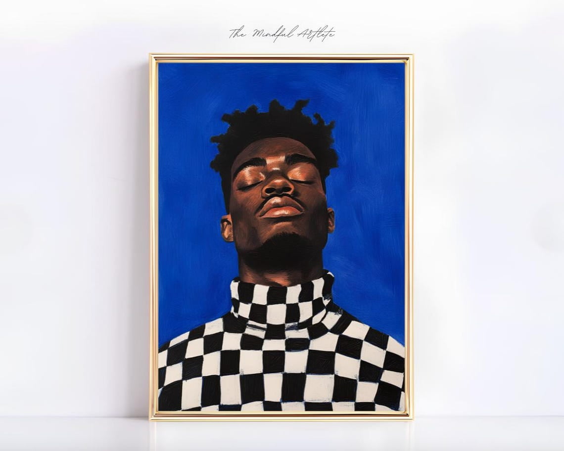 Black Man Portrait Eclectic Indigo Blue Abstract People Art Checkered ...