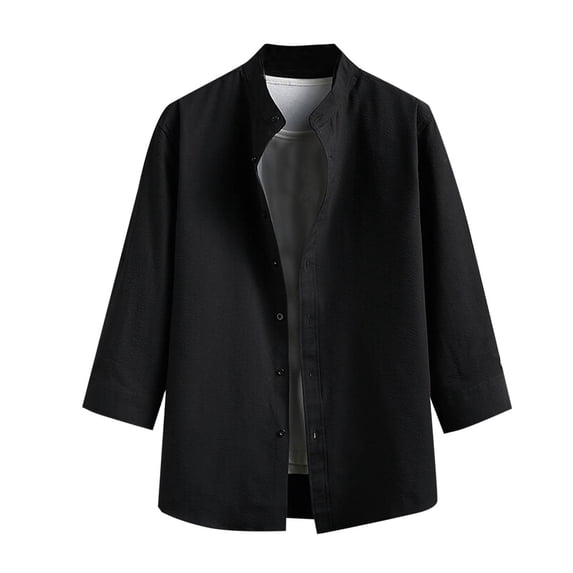 Black Man Short Sleeve Tops Blouse for Mens Collared Neck Lounge Plain ...