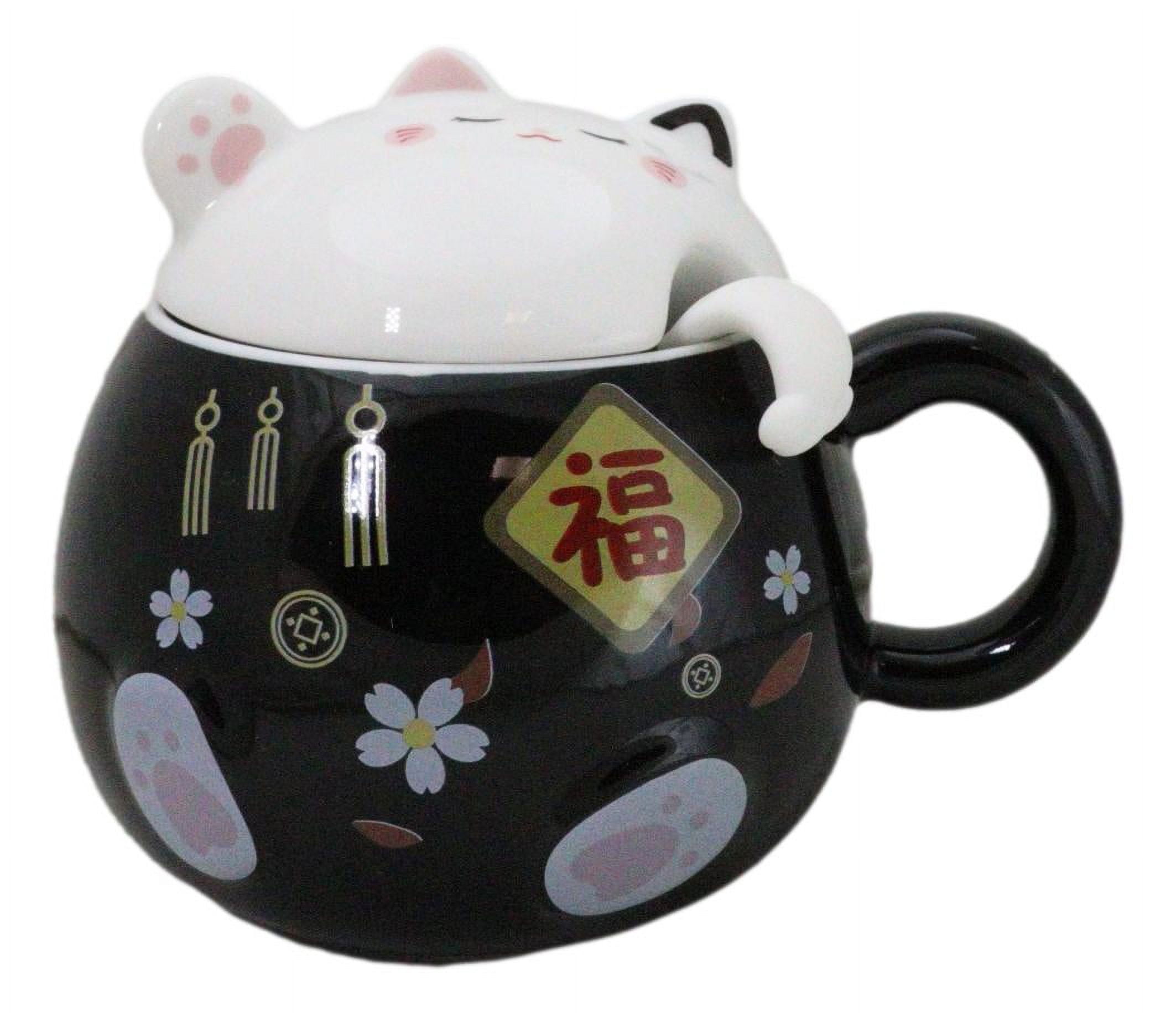 Black Maneki Neko Beckoning Lucky Cat Mug Cup With Kitty Lid And ...