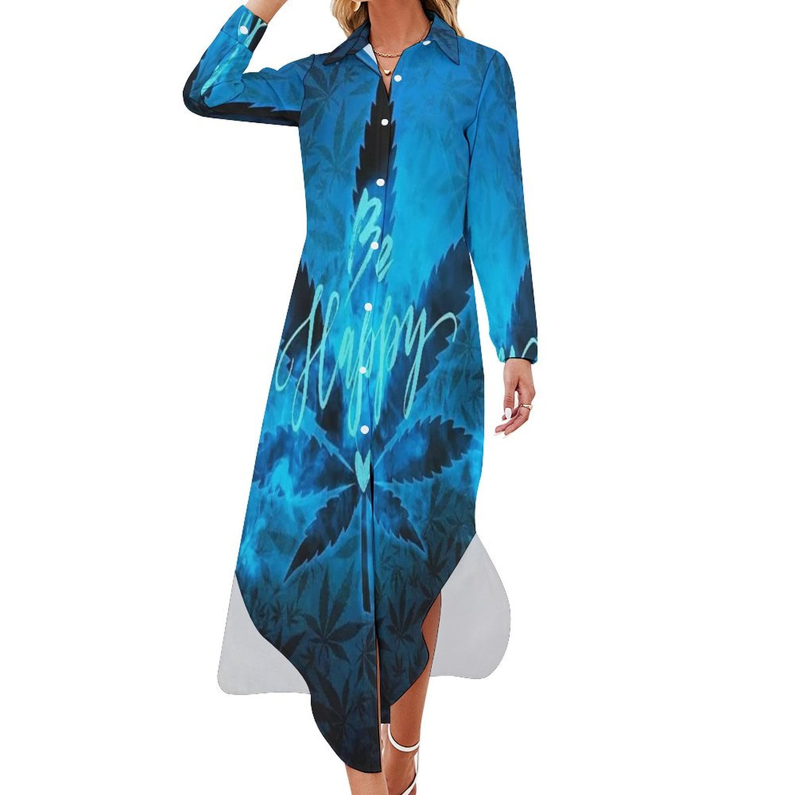 Black Maple Leaf Shirt Dress Long Sleeve Street Fashion V Neck ...