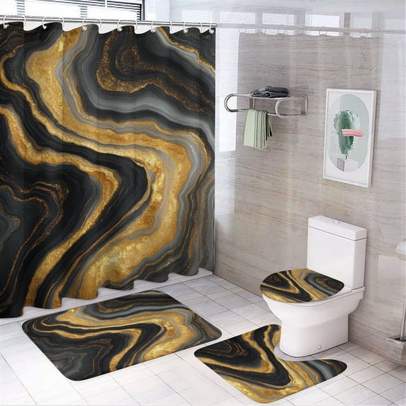 Black Marble 4Pcs Shower Curtain Sets with Rugs Rug Toilet Lid Cover ...