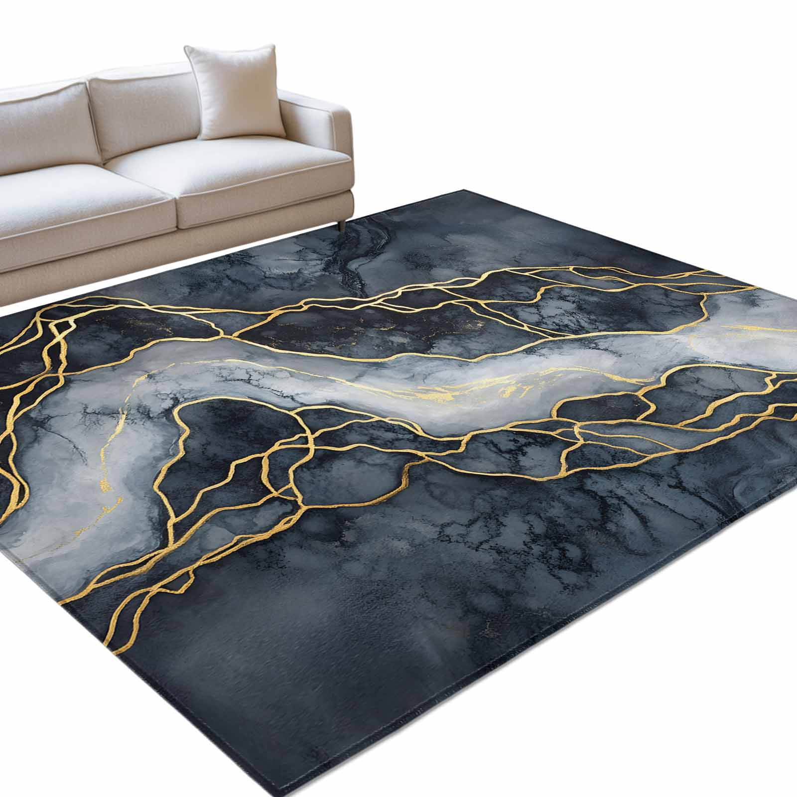 Black Marble Area Rug, Modern Abstract Art Black Gold Lightning Wave ...