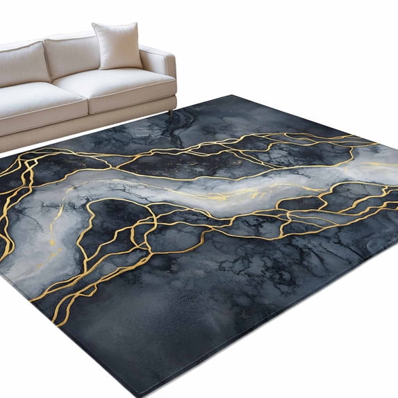 Black Marble Area Rug, Modern Abstract Art Black Gold Lightning Wave ...