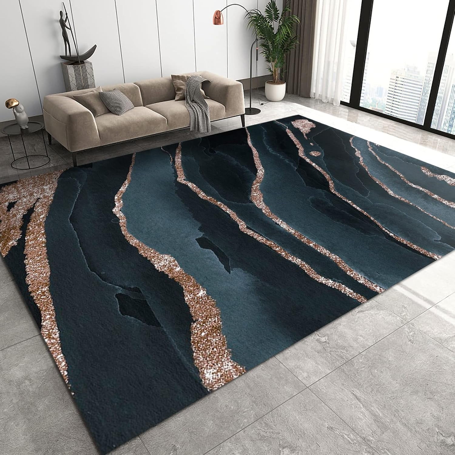 Black Marble Area Rugs, Gold Line Corrugated Carpet, Floor Mat Durable ...