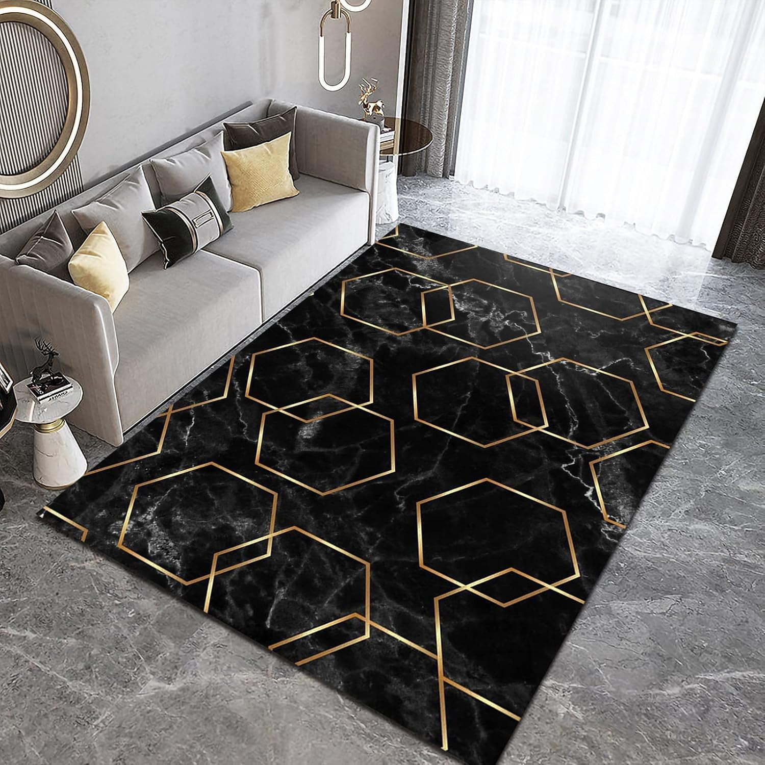 Black Marble Area Rugs, Hexagonal Geometric Pattern Carpet, Porch Mat ...