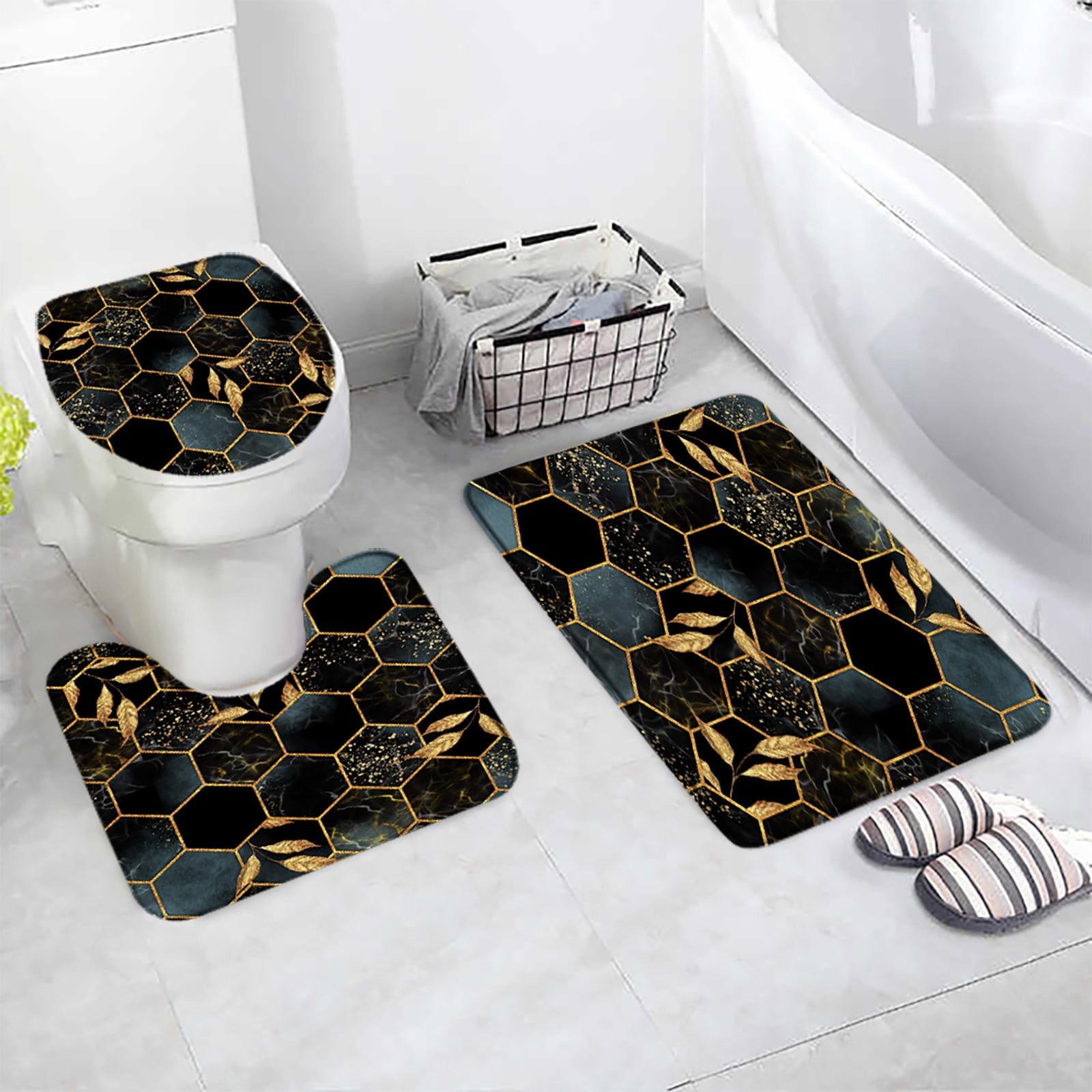 Black Marble Bath Mats Sets Gold Grey Lines Creative Abstract Geometric ...