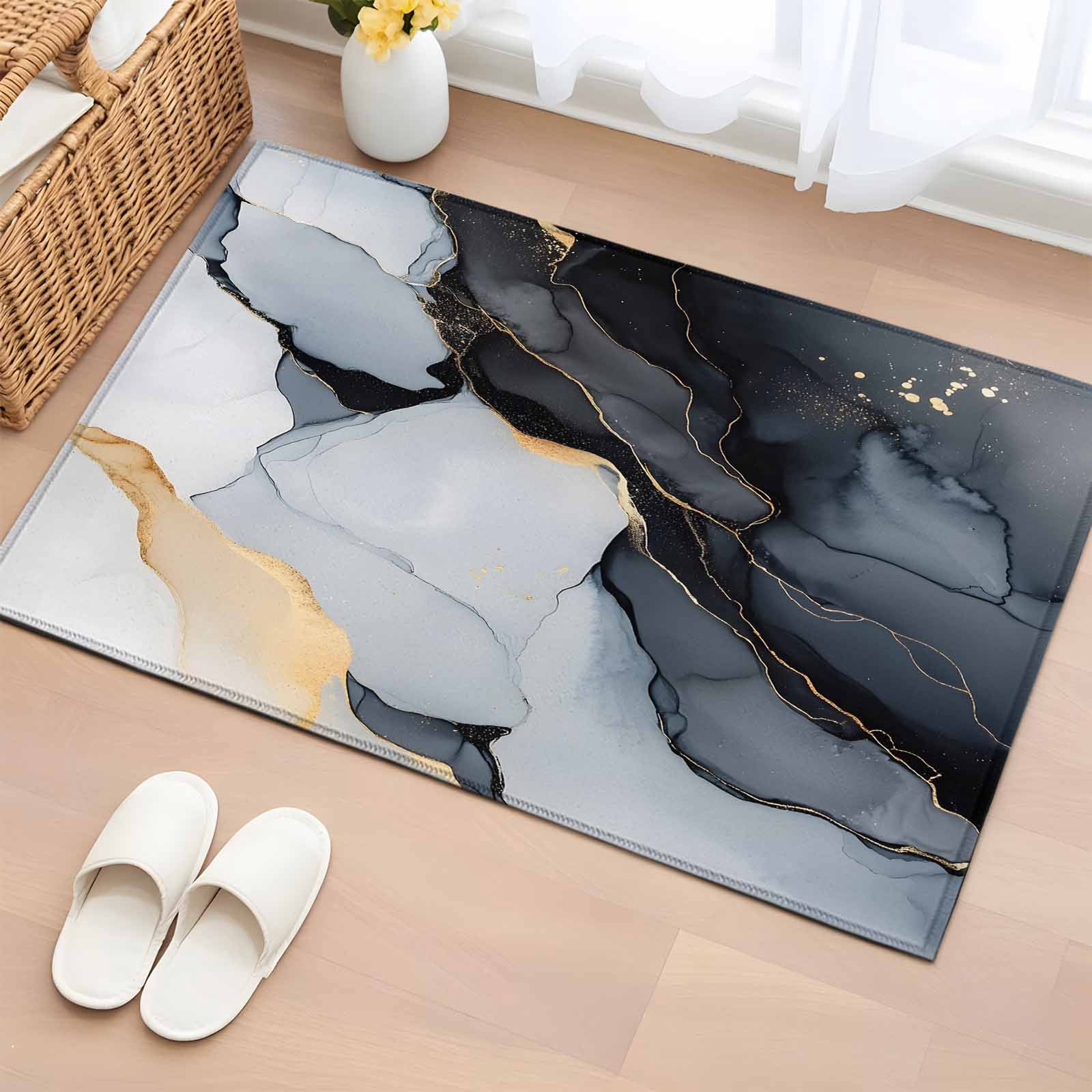 Black Marble Bathroom Mats 2x3 FT, Non Slip Small Kitchen Mat, Modern ...