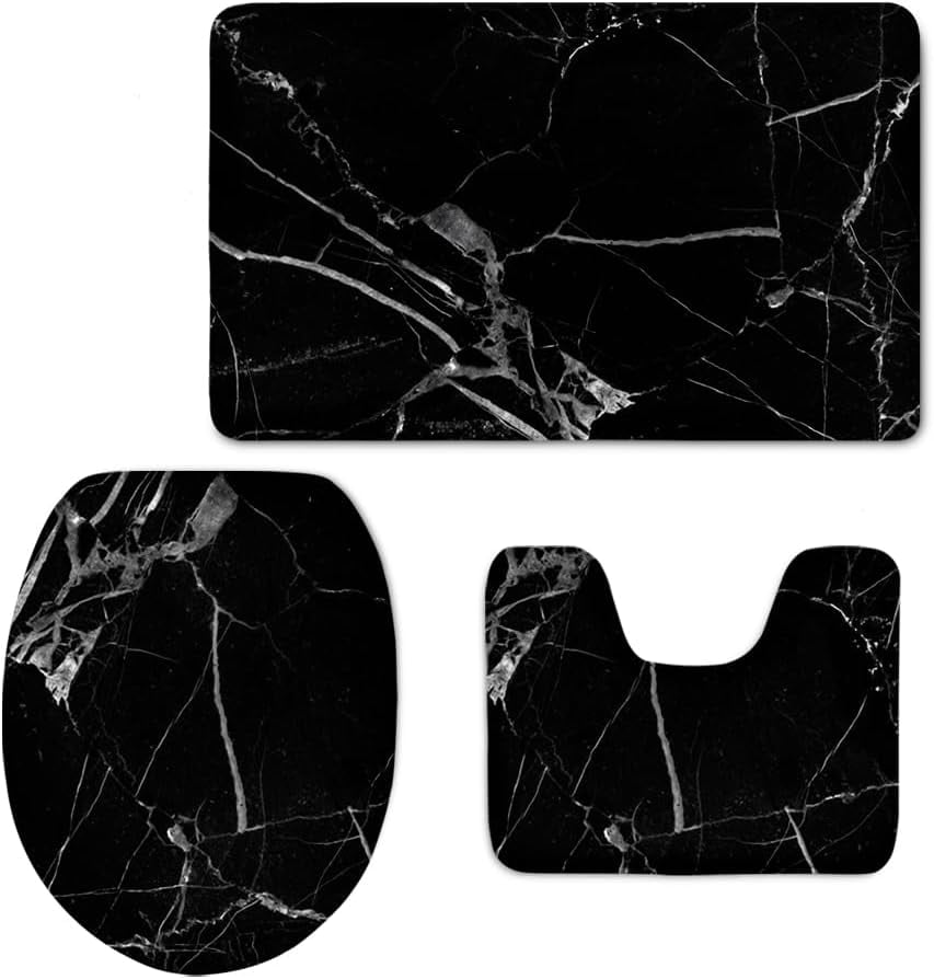 Black Marble Bathroom Mats Set Soft Bath Rug Toilet Lid Cover, 3 Pieces ...