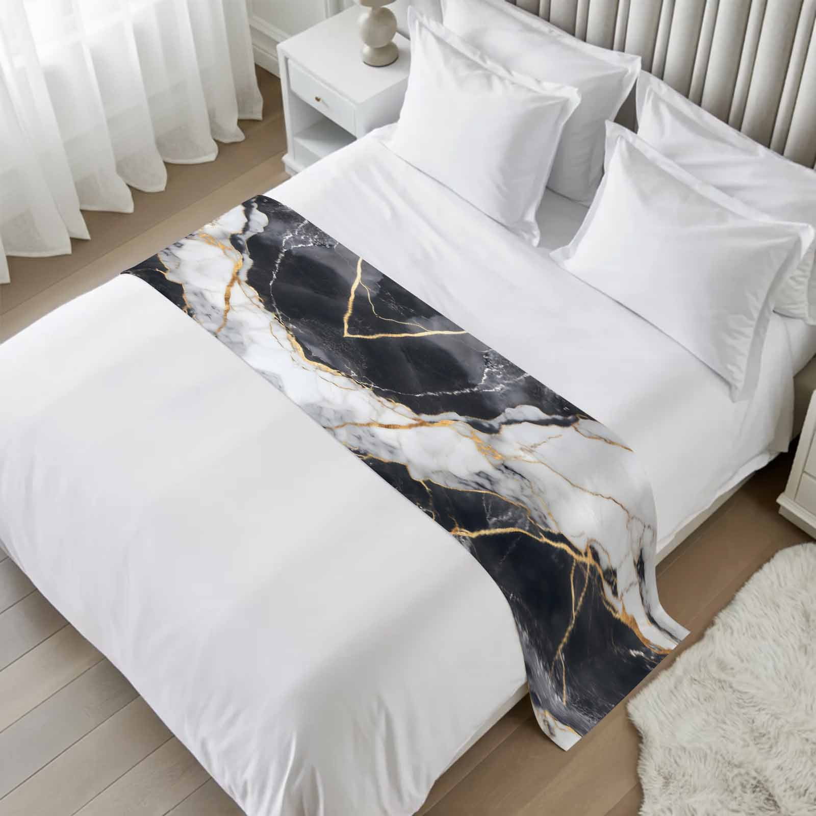 Black Marble Bed Runner Scarf, Gold Line Modern Abstract Minimalist Art ...
