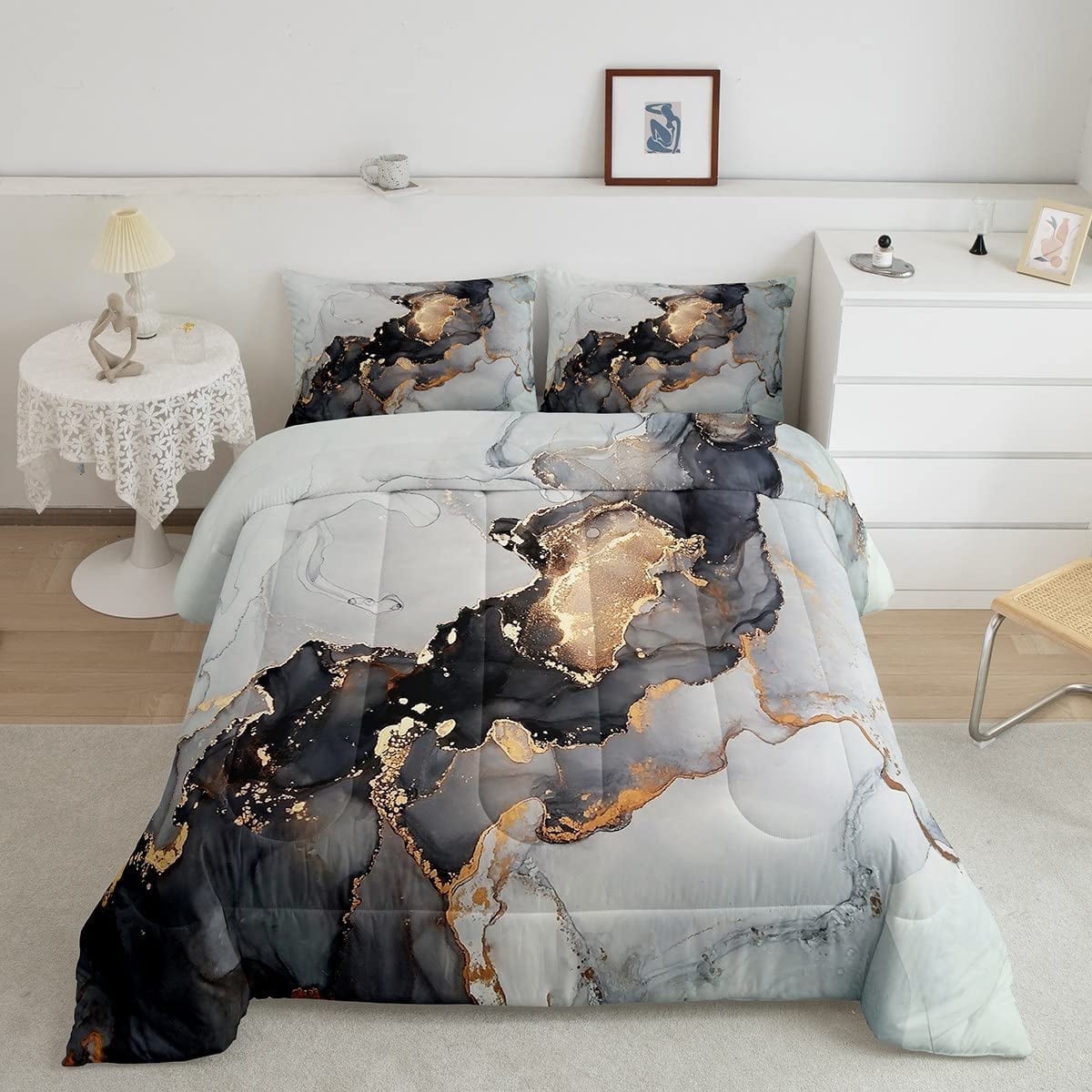Black Marble Bedding Set Queen,Black and Grey Marble Comforter Set Men ...