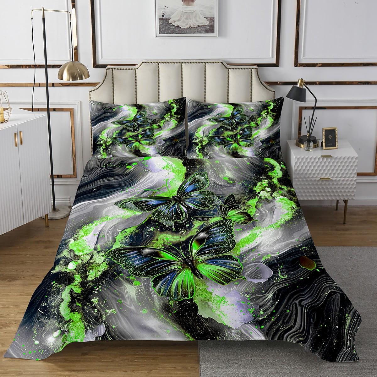 Black Marble Bedspread Set Blue Butterfly Coverlet Set,Green Marbling ...