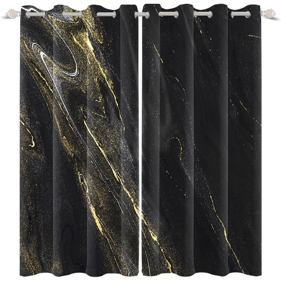 Black Marble Blackout Curtains, Abstract Gold Glitter Line Window ...