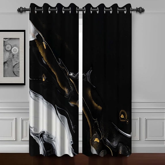 Black Marble Blackout Curtains, Abstract White Texture Window Drapes ...