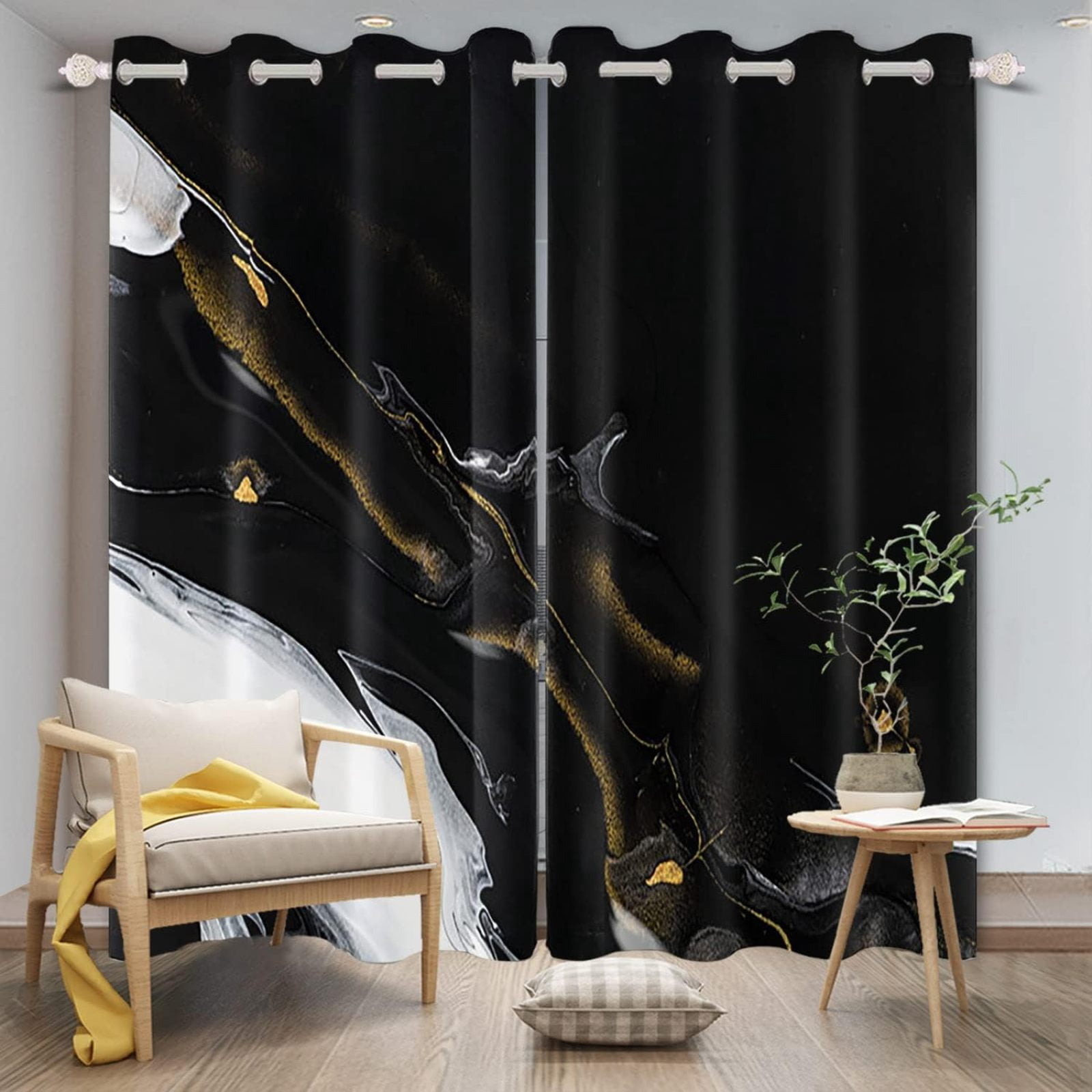 Black Marble Blackout Curtains Smooth Black And White Abstract Gold ...
