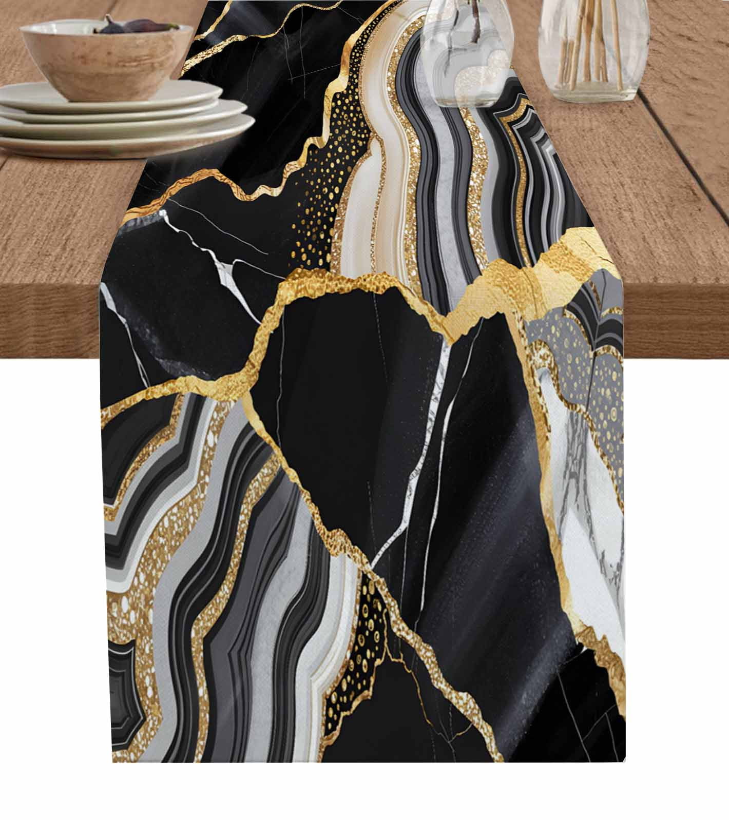 Black Marble Burlap Cotton Table Runner 14x72 Inches Long, Grey Gold ...