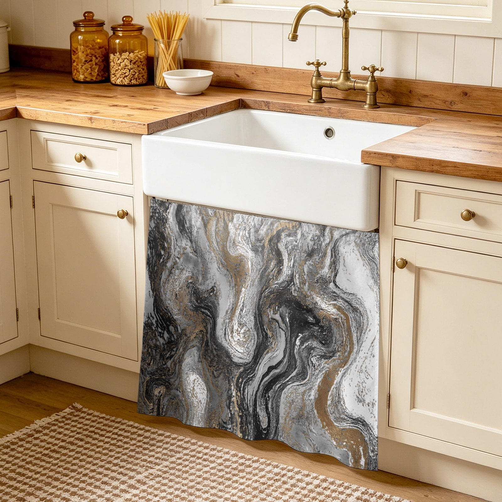 Black Marble Cabinet Curtains 35"W x 35"L, Retro Chic Abstract Mottled ...