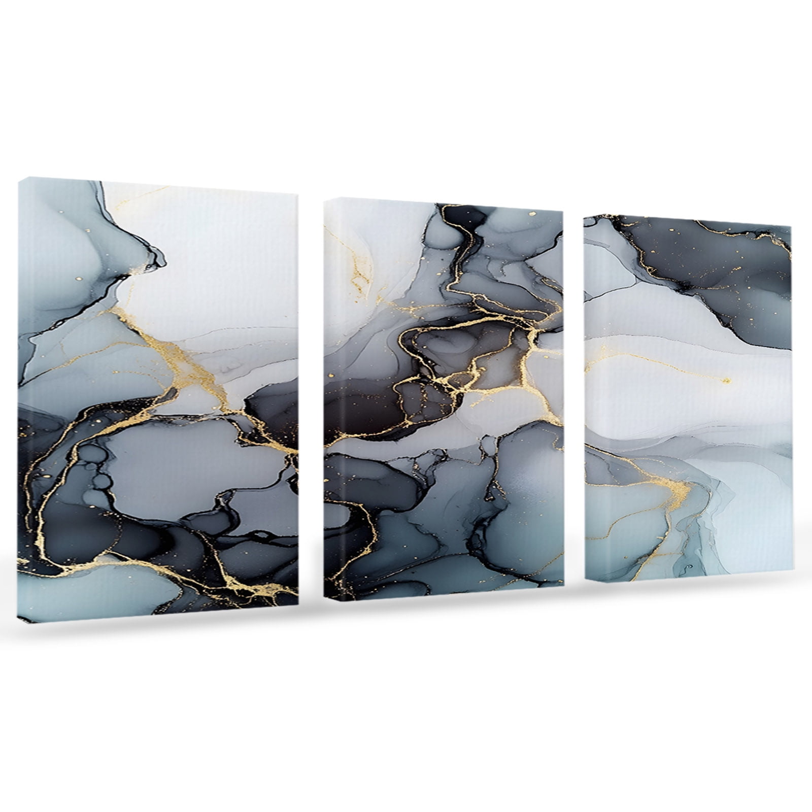 Black Marble Canvas Wall Art 3 Panels, Golden Waves Abstract Art Framed ...