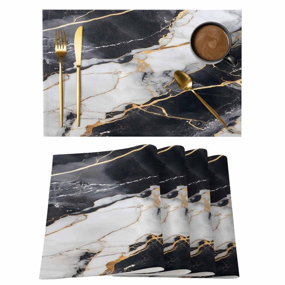 Black Marble Cotton Linen Placemats Set of 8, Gold Line Modern Washable ...