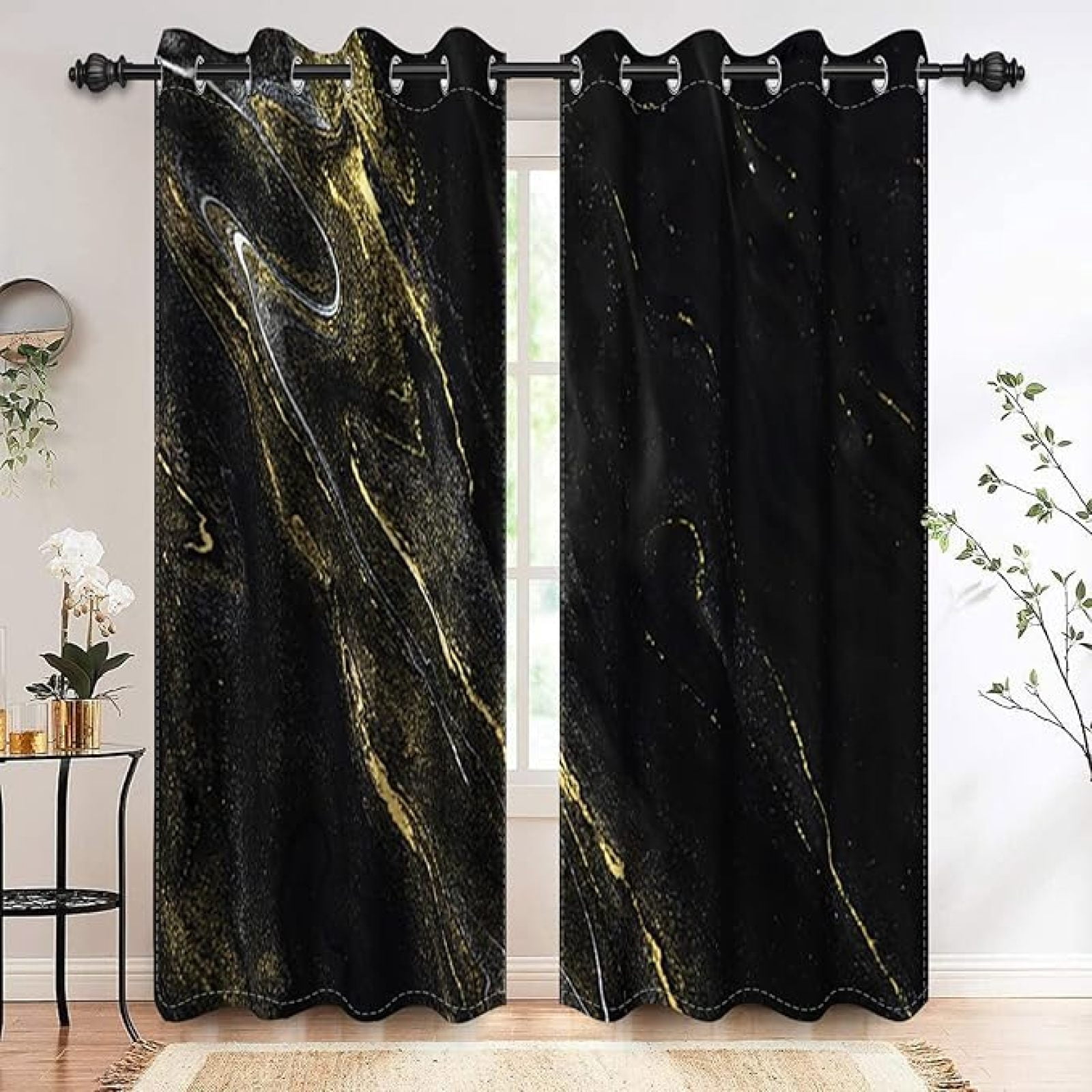 Black Marble Curtains, Black Mixed Gold Glitter Marble Texture Blackout ...