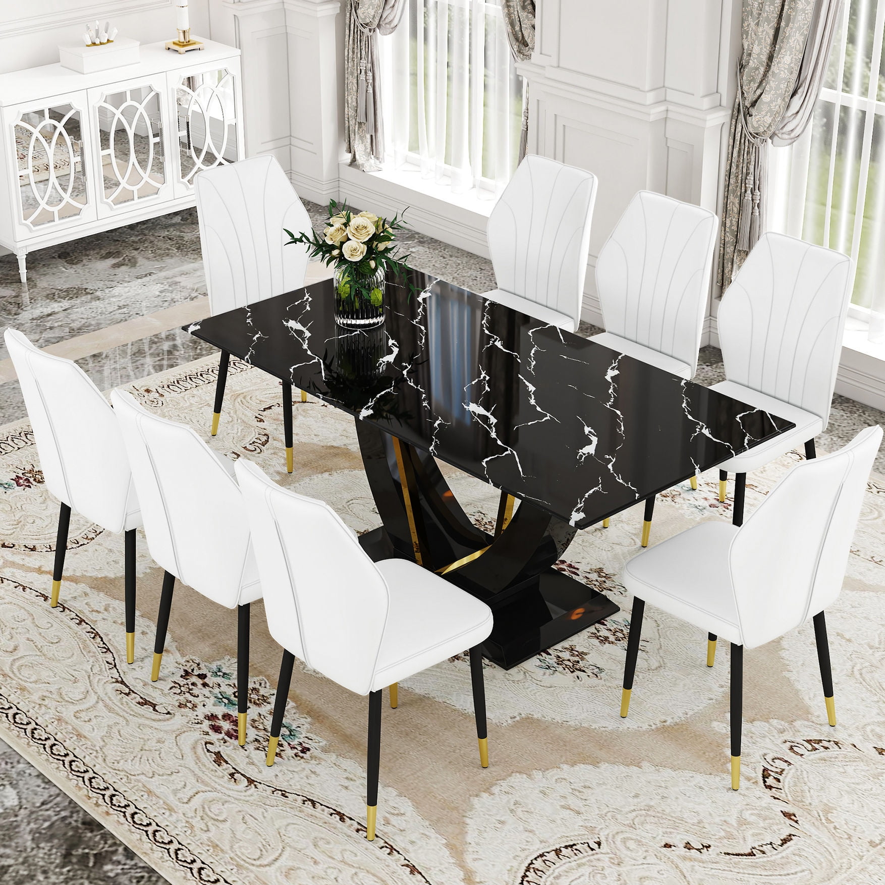 Black Marble Dining Table with Golden Frame / Family Reunions / 8 ...