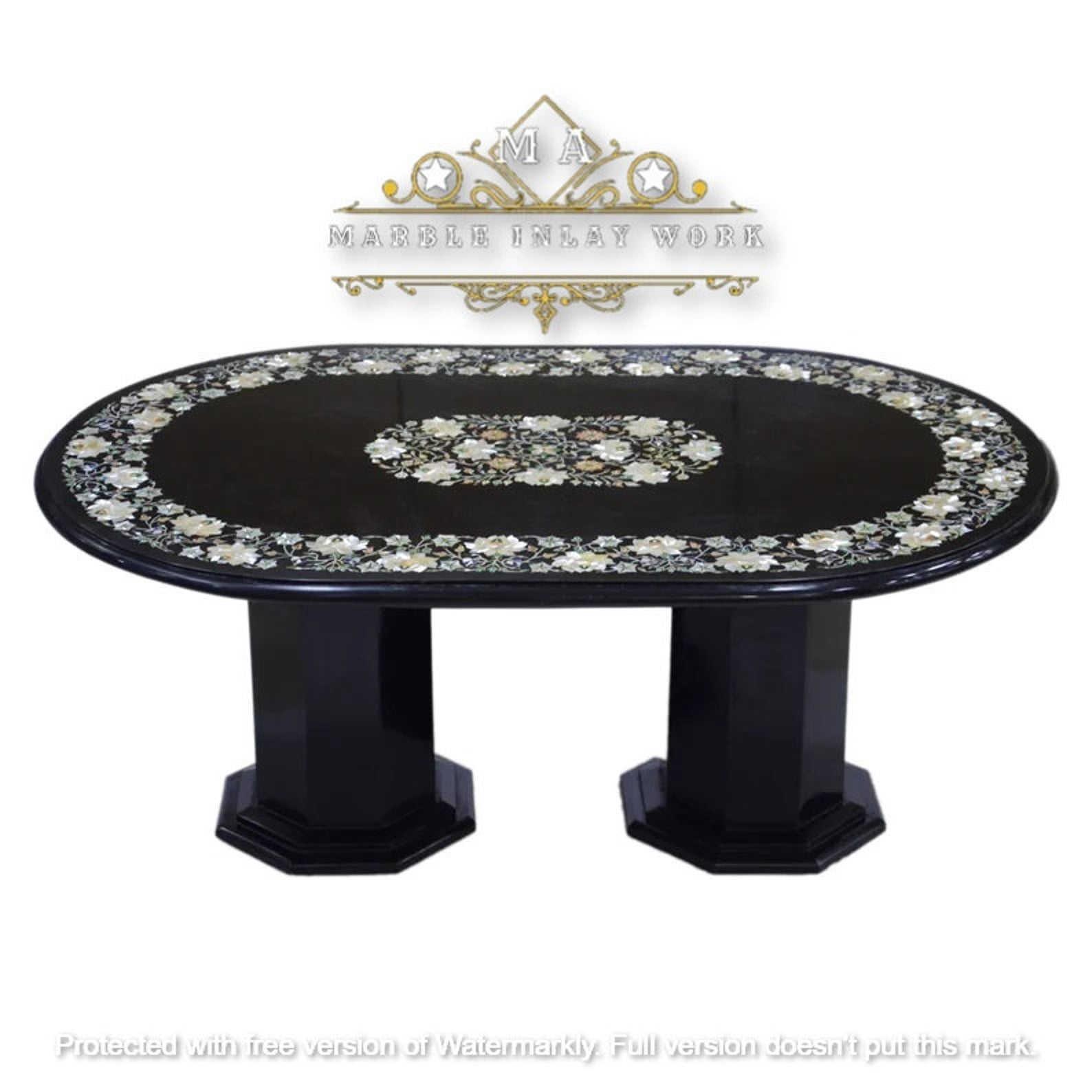 Black Marble Dining Table with Pietra Dura Inlay - Mughal Art Patio ...