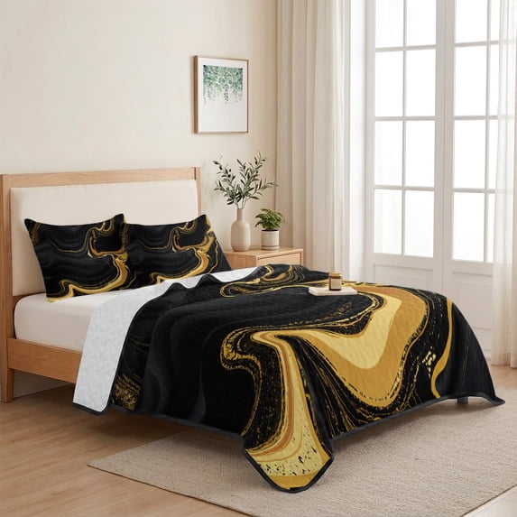 Black Marble Fluid Art 3 Pieces Quilt Set,1 Quilt with 2 Shams,Gold ...