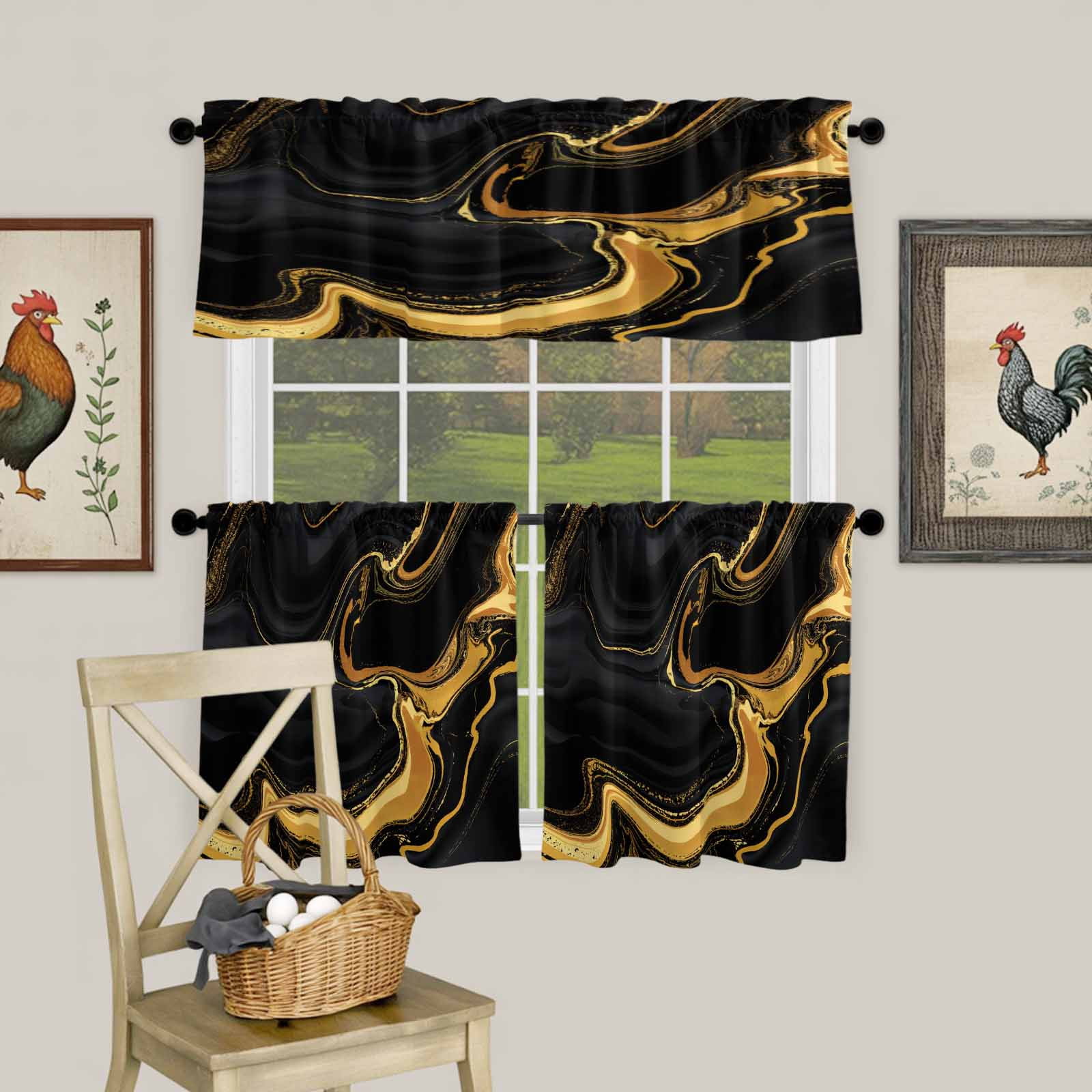 Black Marble Fluid Art Curtain Tier and Valance Set 3 Piece, Gold Foil ...