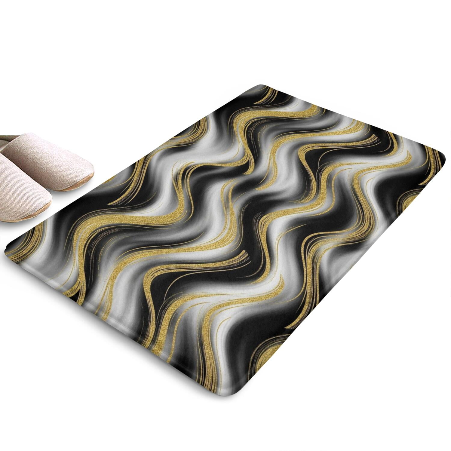 Black Marble Gold Wave Pattern Flannel Non Slip Door Rugs,Washable Door ...
