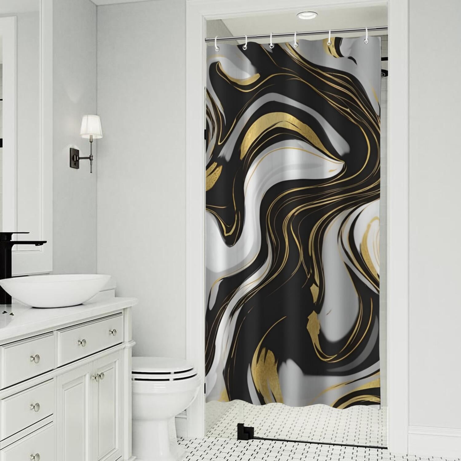 Black Marble Gold Wave Pattern Shower Curtain 36"x72" ,Bathroom ...