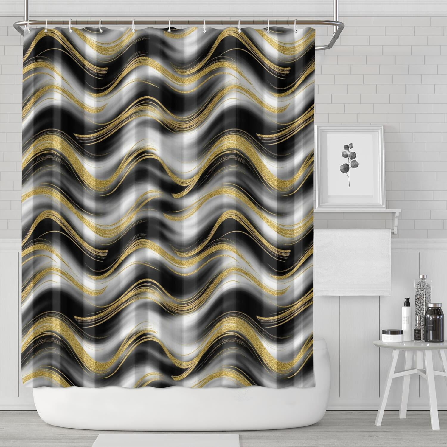 Black Marble Gold Wave Pattern Shower Curtain 72"x84" ,Bathroom ...