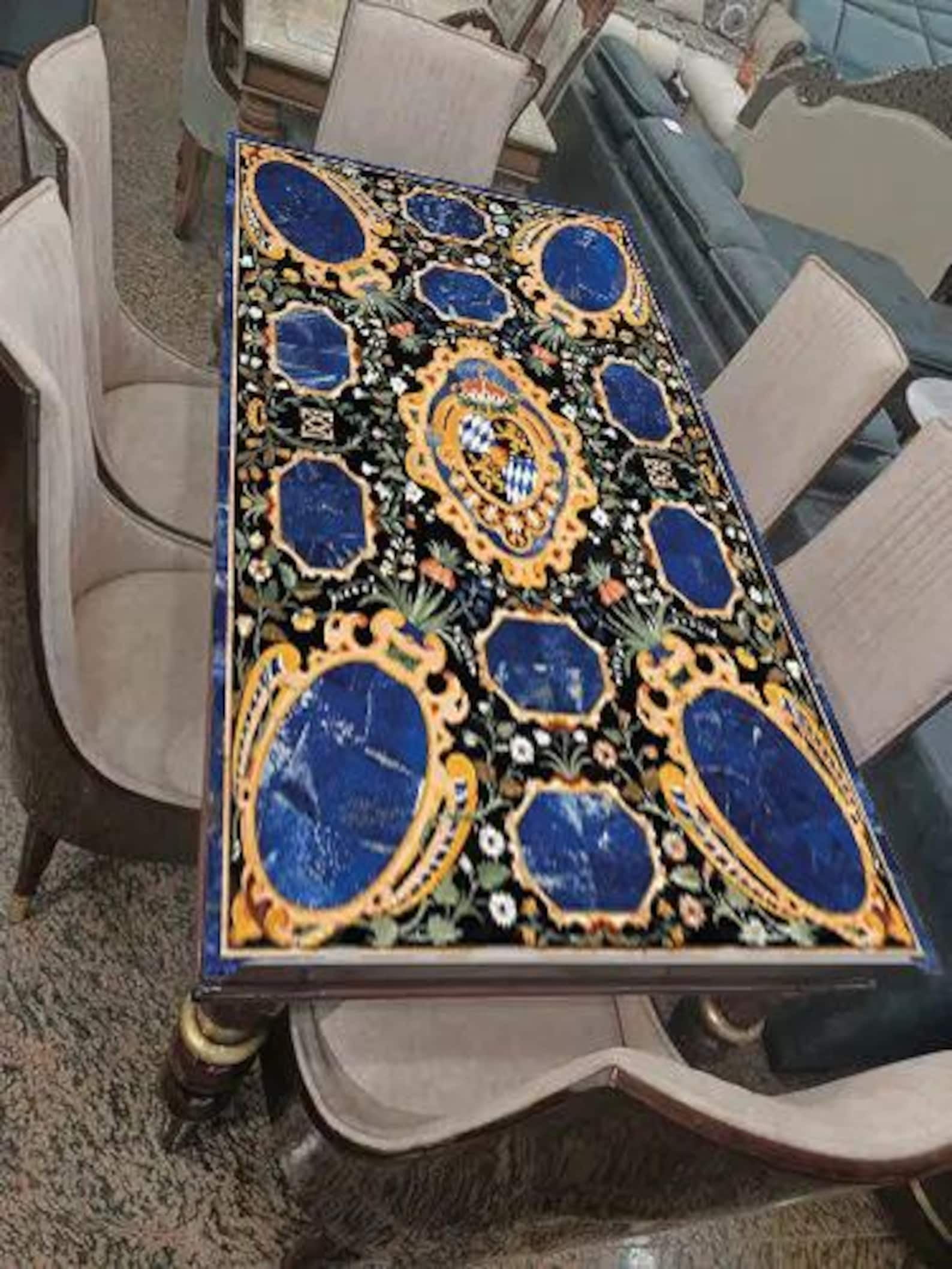 Black Marble Inlay Dining Table Top – Handmade Pietra Dura Art with ...
