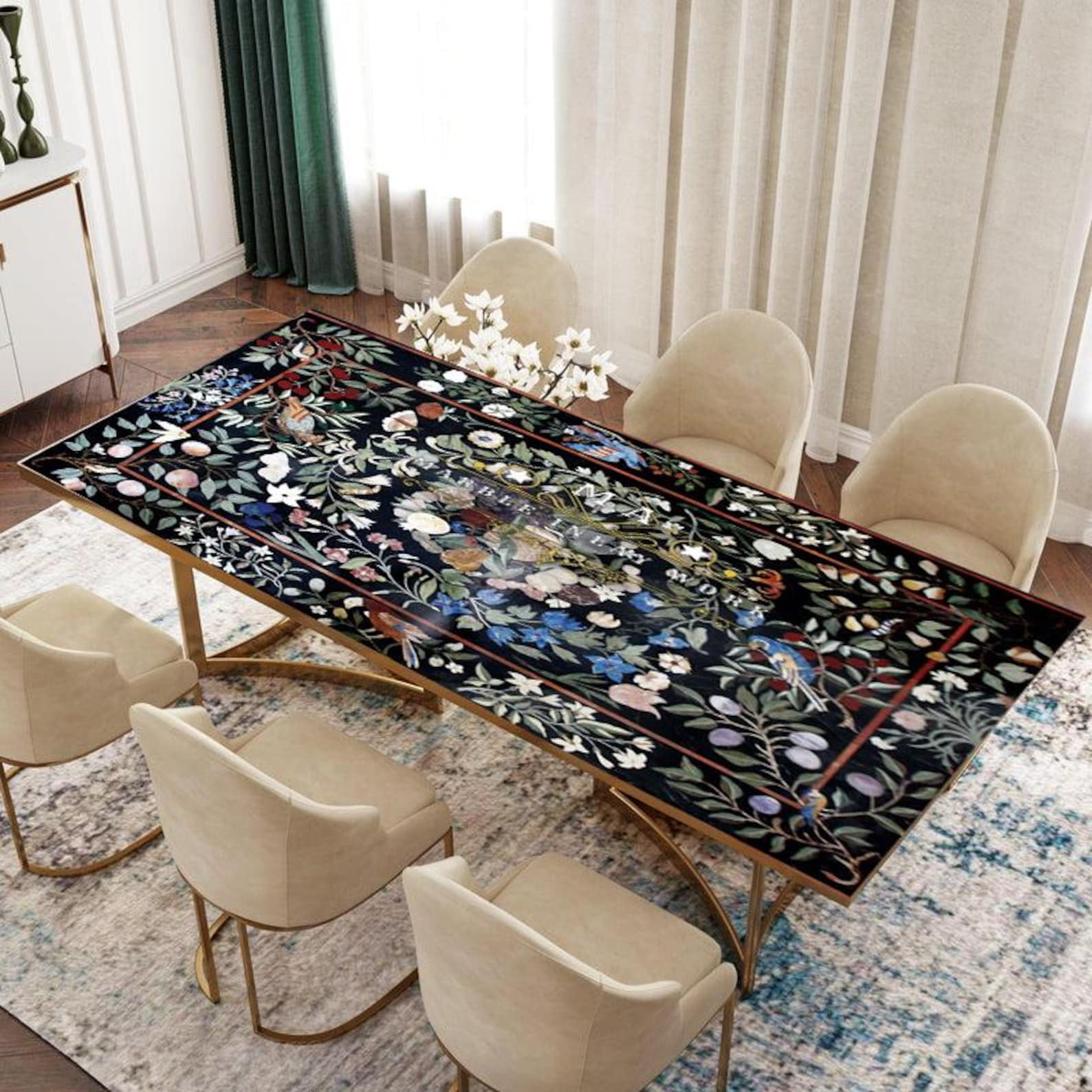 Black Marble Inlay Dining Table Top – Handmade Pietra Dura Art with ...