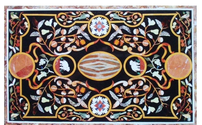 Black Marble Inlay Dining Table Top Handmade Semi Precious Stone Inlay ...