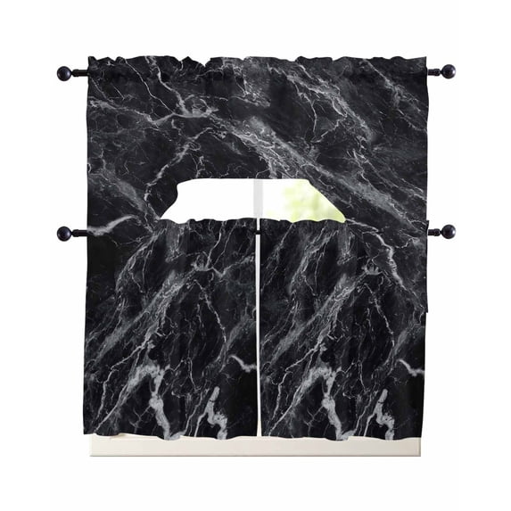 Black Marble Kitchen Curtain and Valance Set 3 Pieces,Rod Pocket Short ...