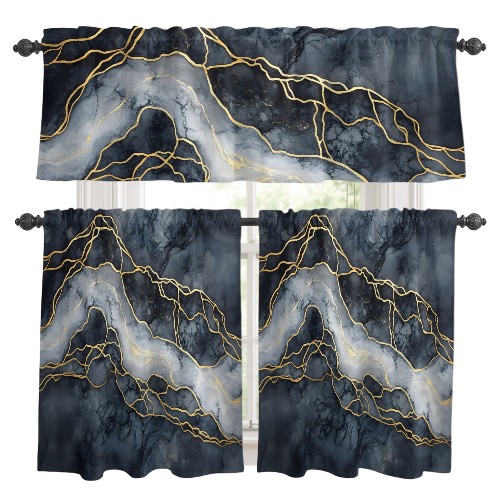 Black Marble Kitchen Curtains Set for Windows, Modern Abstract Art ...