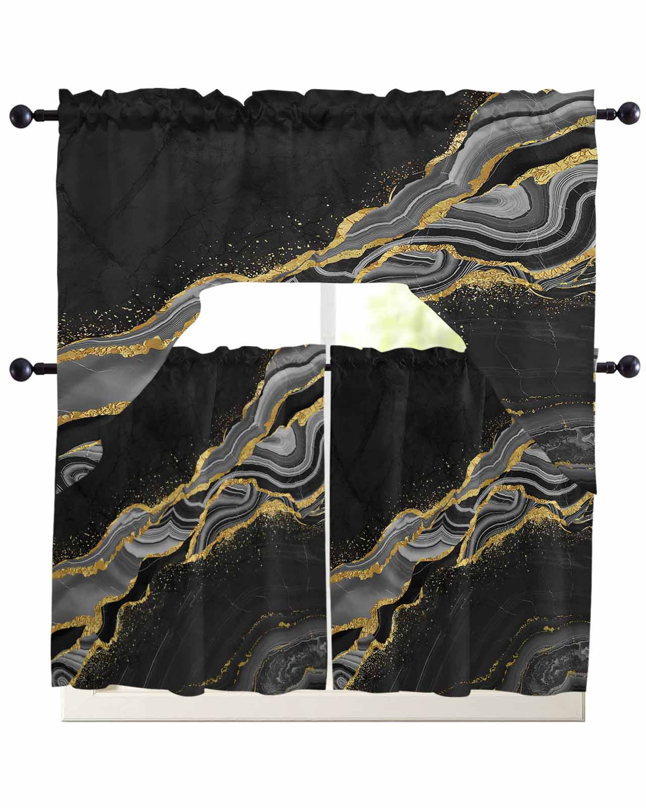 Black Marble Kitchen Curtains Sets 36 Inch Length with Valance, Gold ...