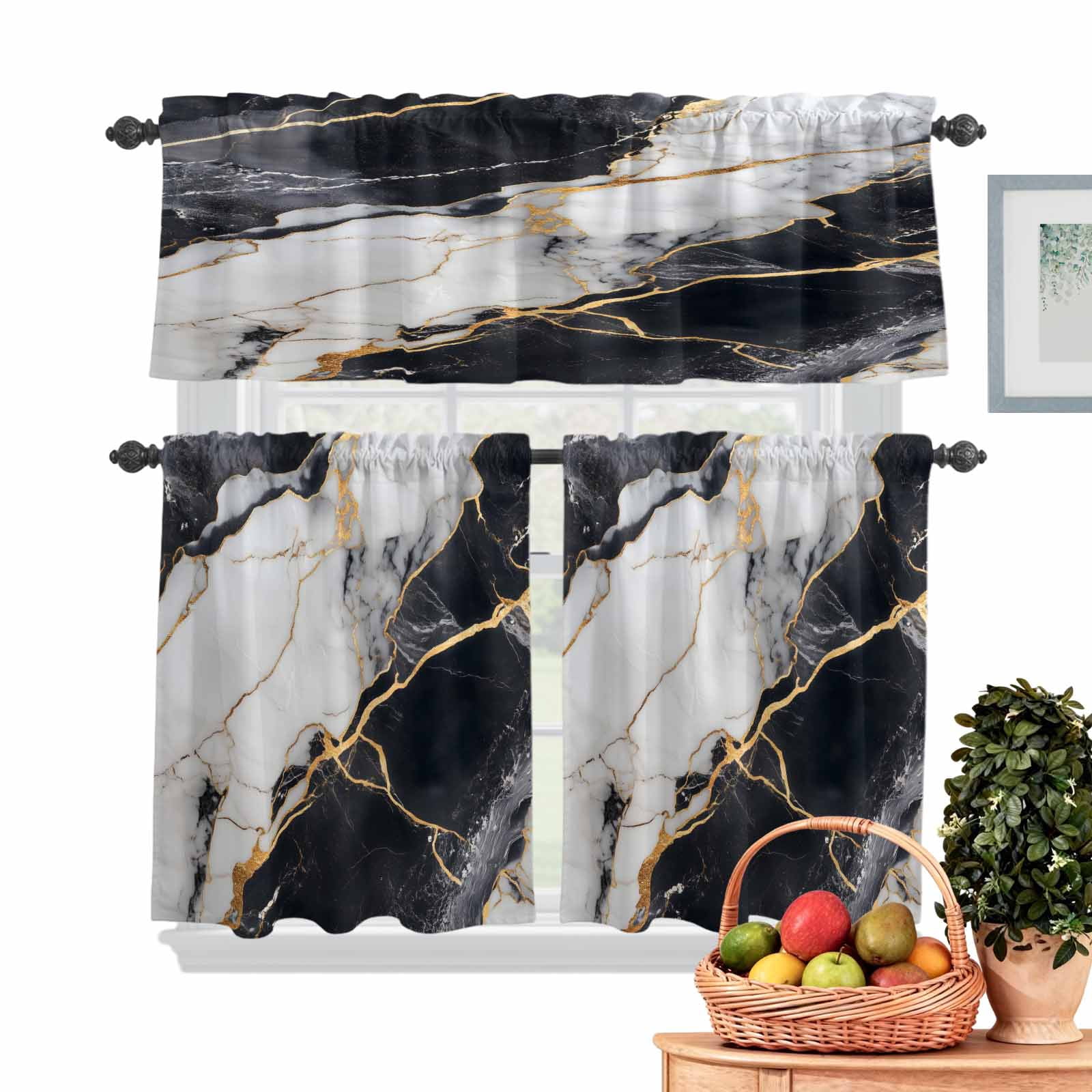 Black Marble Kitchen Curtains Valances 3 Piece Set, Gold Line Modern ...