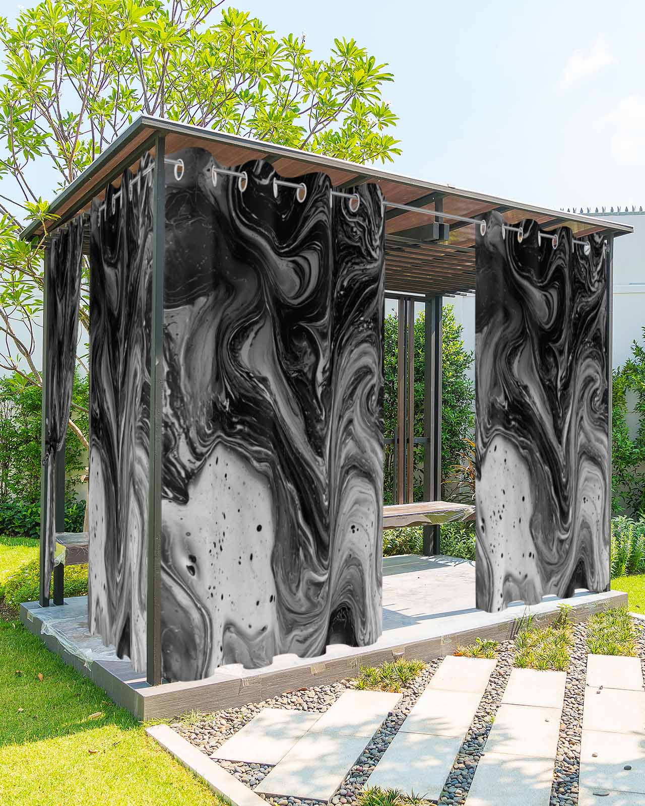 Black Marble Outdoor Curtains for Patio, Vintage Abstract Grey Fluid ...