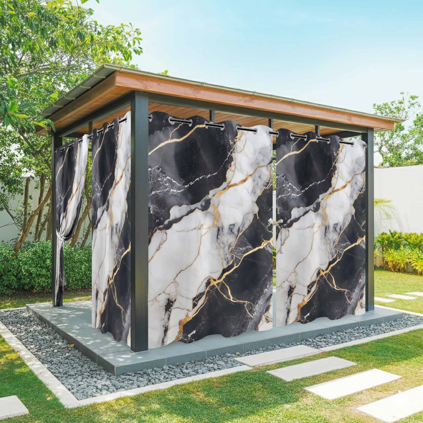 Black Marble Outdoor Curtains for Patio Waterproof, Gold Line Modern ...