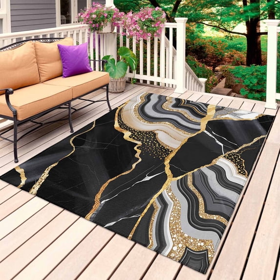 Black Marble Outdoor Rug 3x5 Ft, Non Slip Washable Area Rug, Grey Gold ...