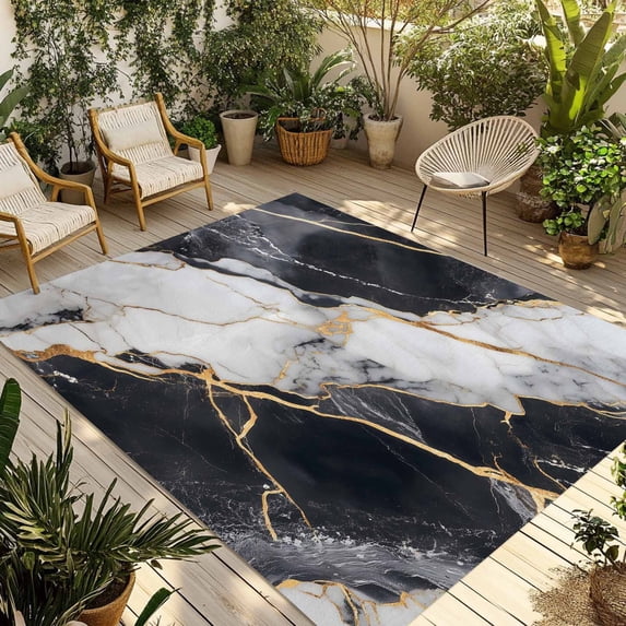 Black Marble Outdoor Rug, Gold Line Modern Non-Slip Area Rugs Carpet ...