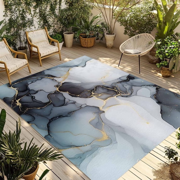 Black Marble Outdoor Rug, Golden Waves Abstract Art Non-Slip Area Rugs ...