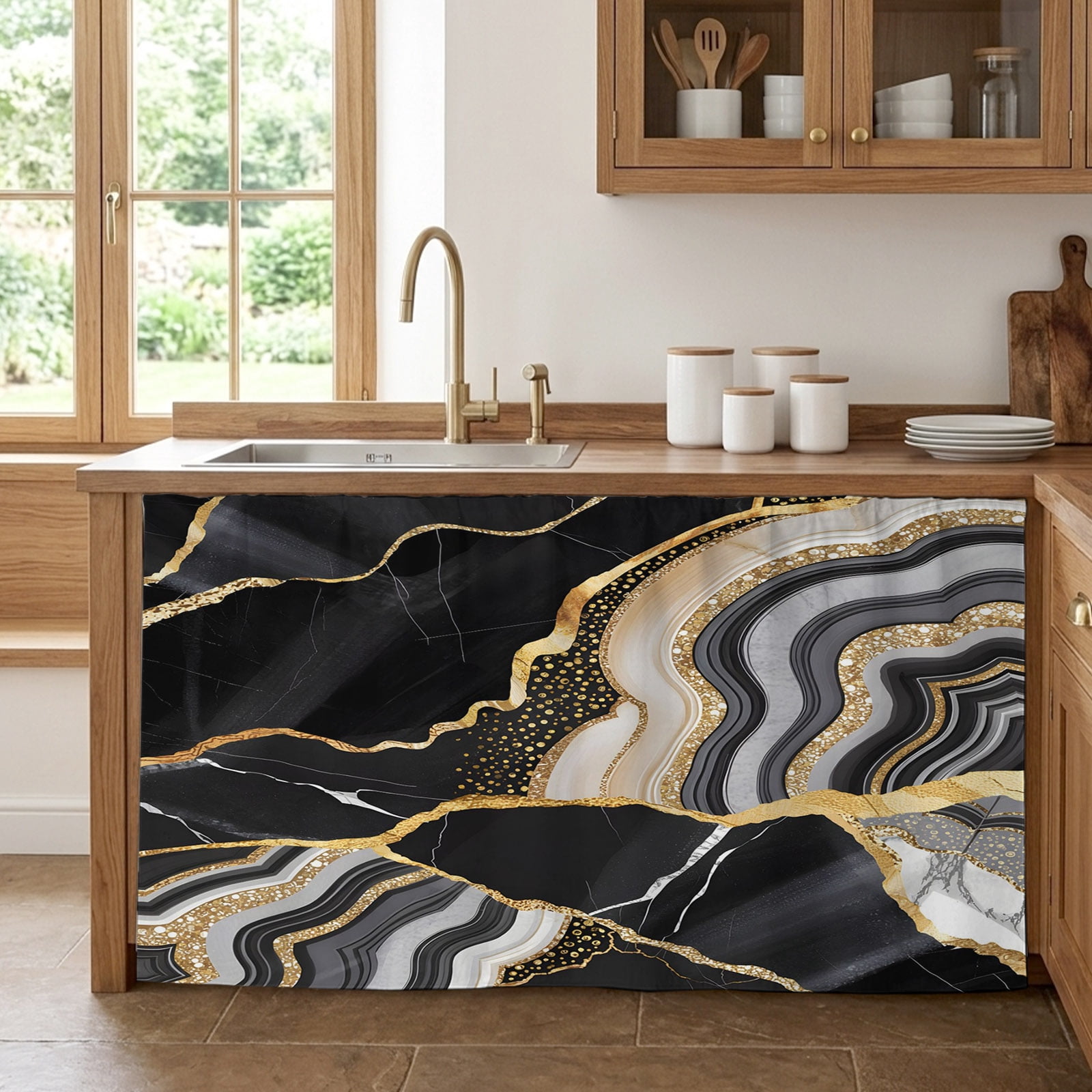 Black Marble Pantry Cabinet Curtains 28''x51'', Grey Gold Texture ...