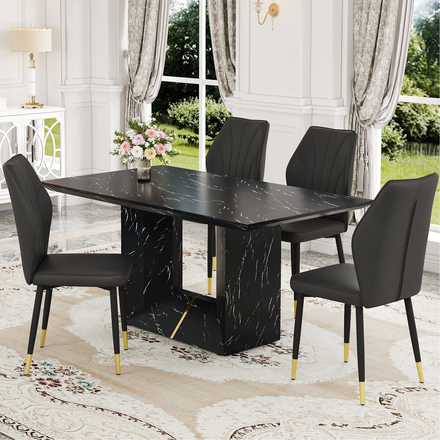Black Marble Pattern Dining Set - 63" Table, 4 Ergonomic PU Chairs ...