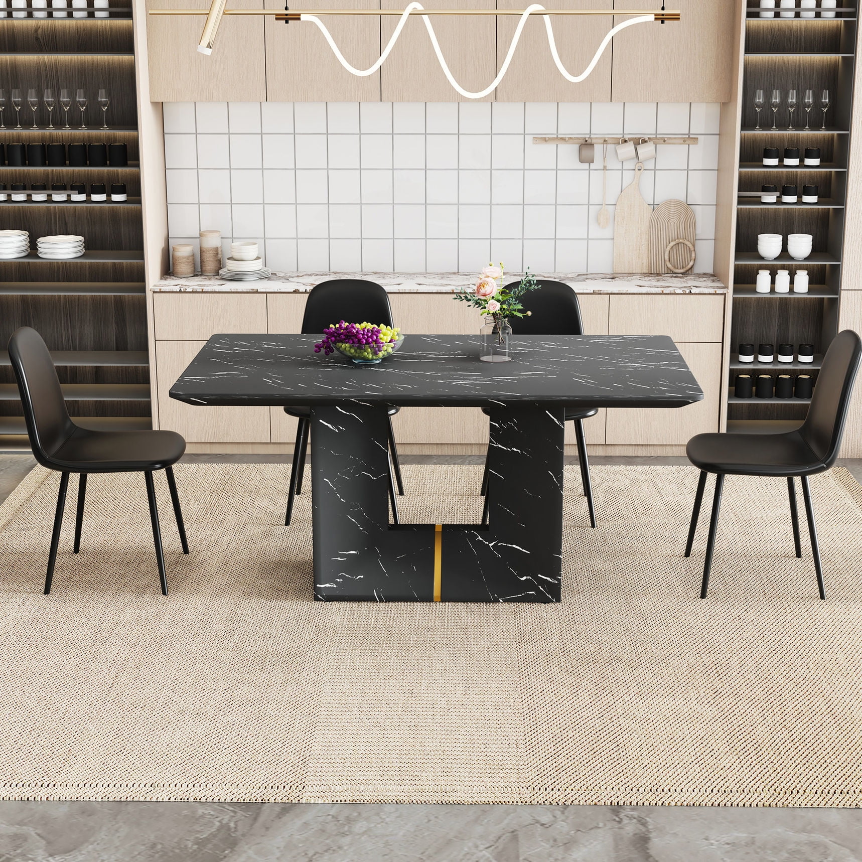 Black Marble Pattern MDF Dining Table (63"x35.4") + 4 Spoon Shaped ...