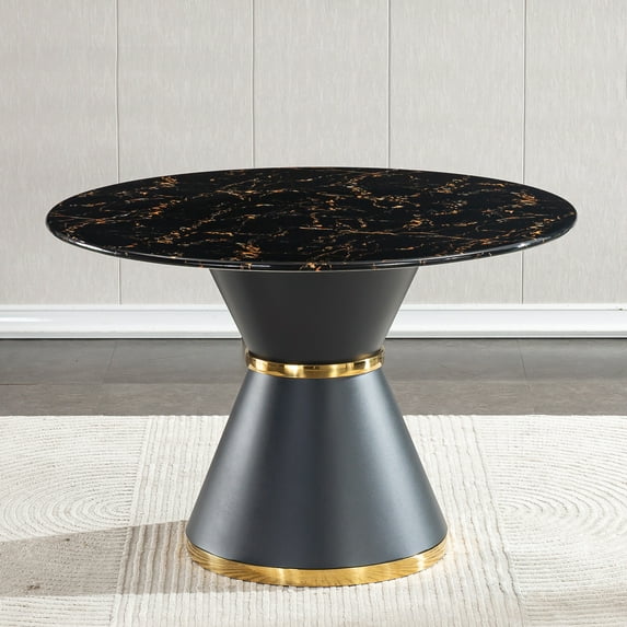 Black Marble Printed MDF Round Dining Table, Black Columnar Base with ...
