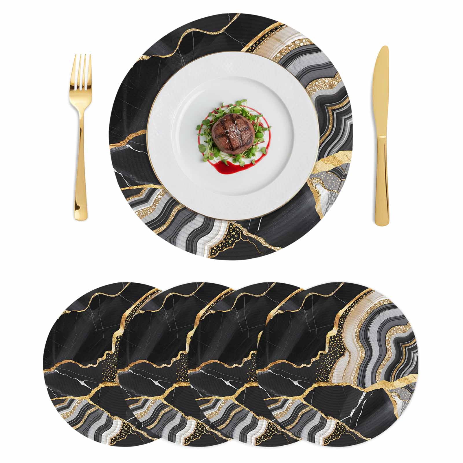 Black Marble Round Placemats Set of 4, Braided Polypropylene Place Mats ...