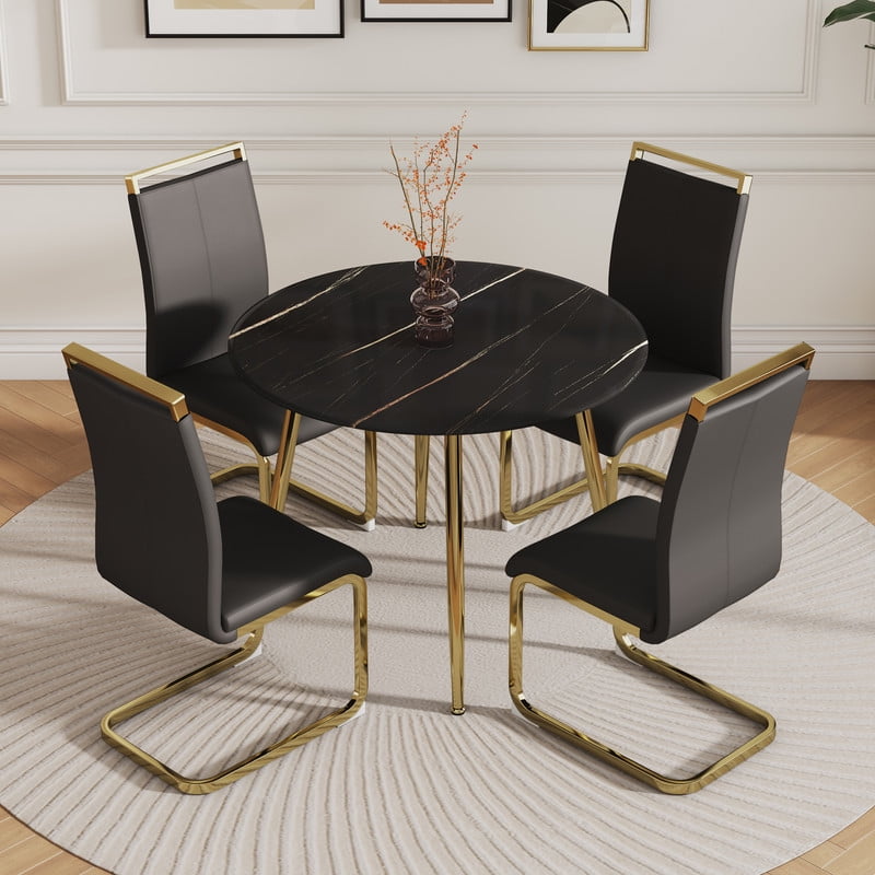Black Marble Round Table Set for 4, 40" Black Dining Table with Gold ...