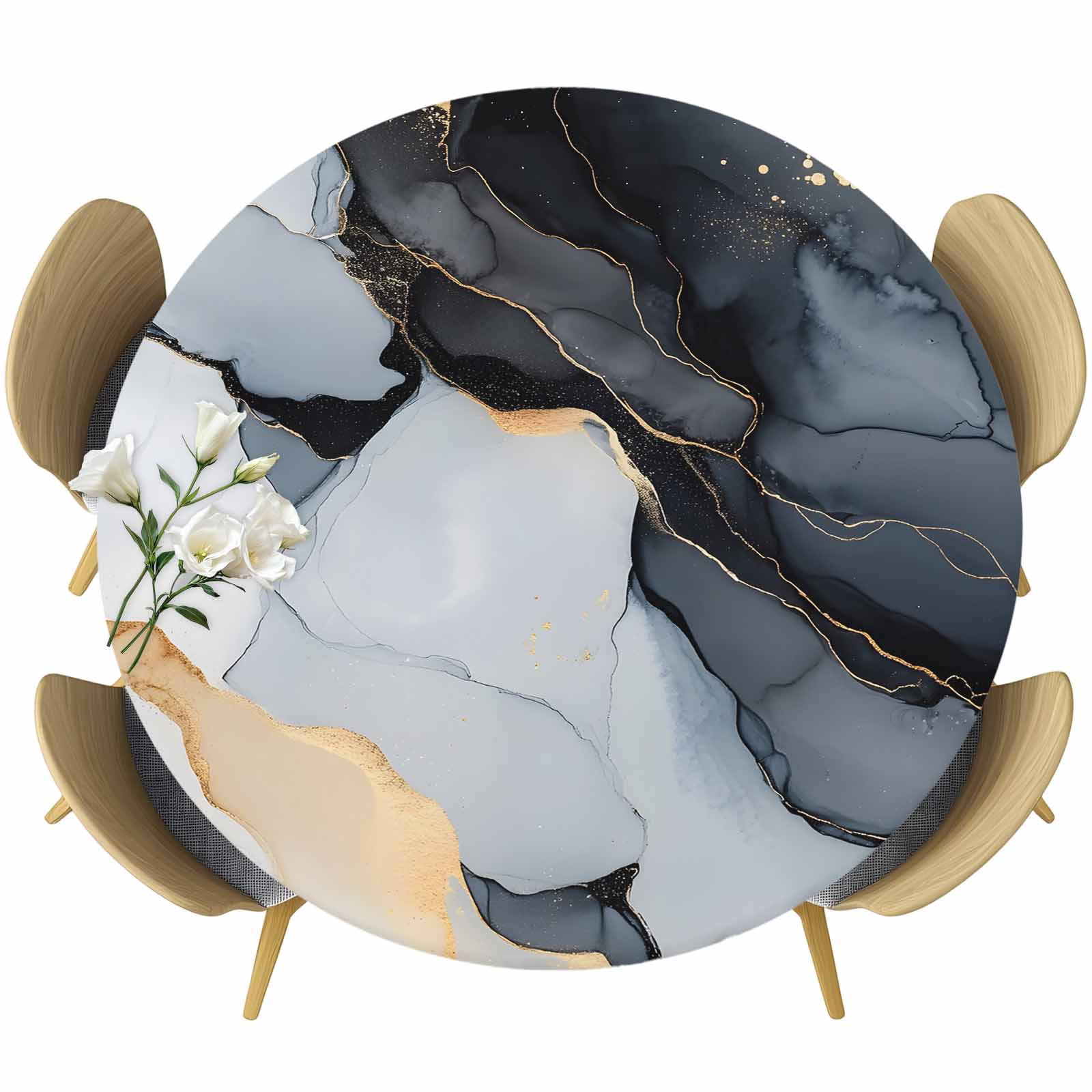 Black Marble Round Tablecloth 45-54 Inch Round Fitted Table Cloth with ...